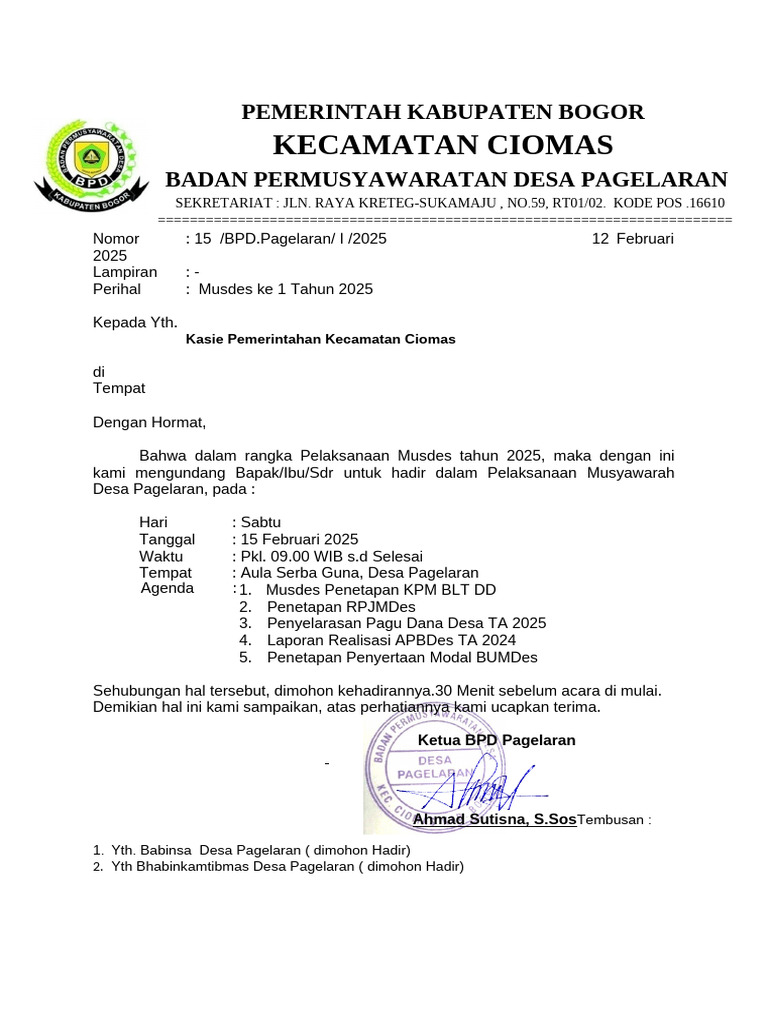 Undangan Musdes Desa Pagelaran - 2 | PDF