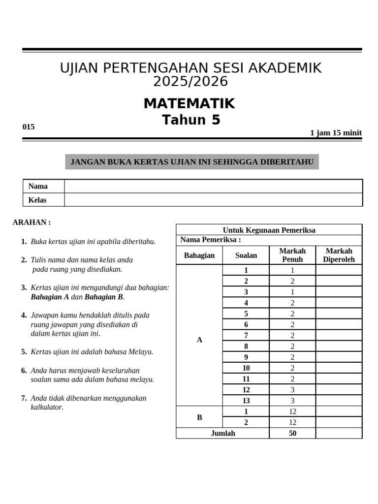 SET UPSA MATHS SKSL 2025 TAHUN 5 | PDF