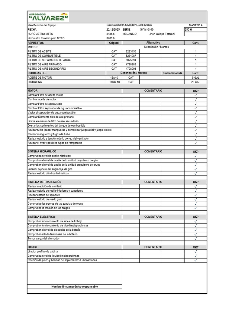 Registro de Mantenimiento Preventivo 320GX 22-12-2025 V°b | PDF ...