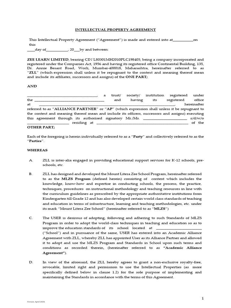 Intellectual Property Agreement Overview | PDF | Indemnity ...