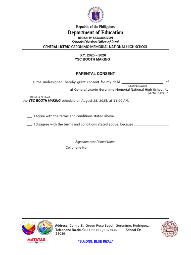 YSC Booth Making Parental Consent Form | PDF