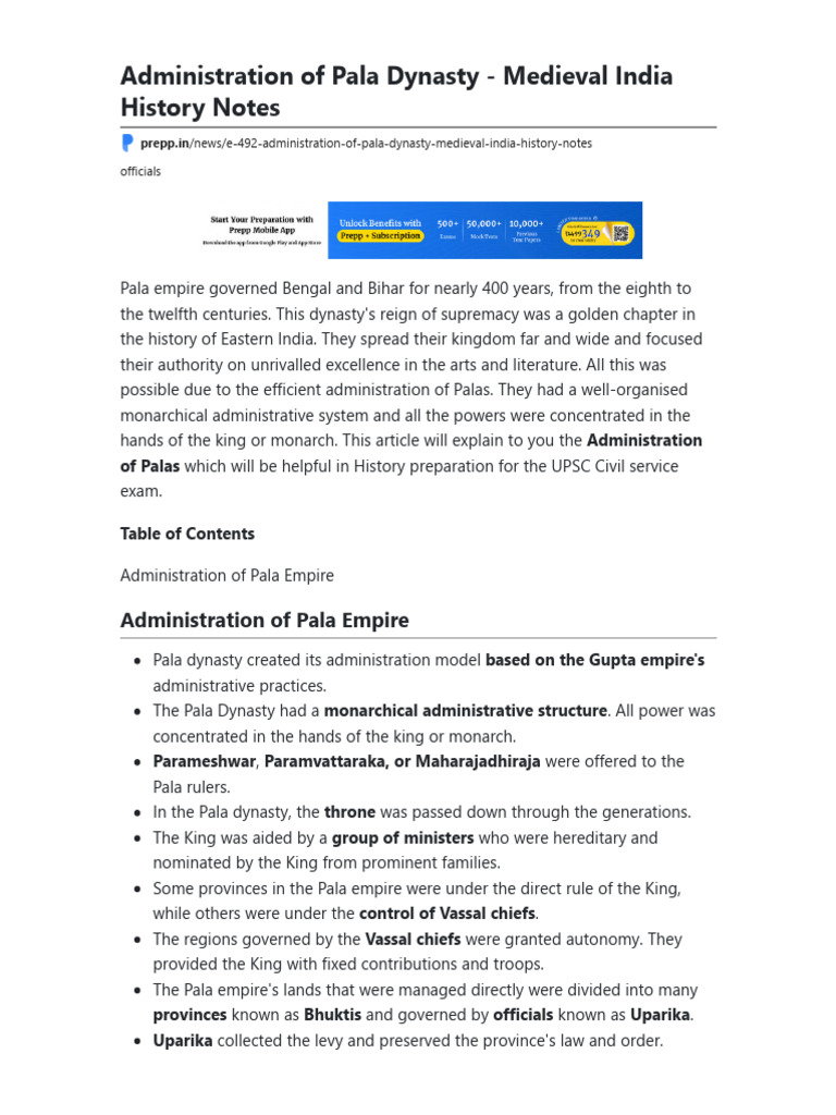 Administration of Pala Dynasty - Medieval India History Notes | PDF