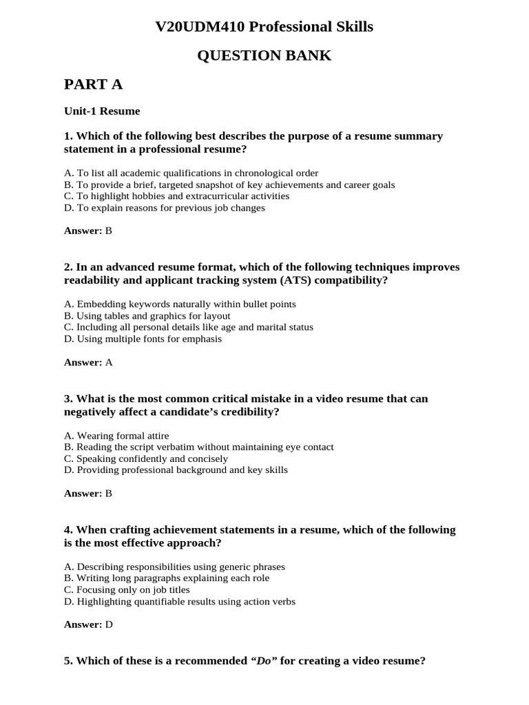 Professional Skills Question Bank Guide | PDF | Résumé | Nonverbal ...