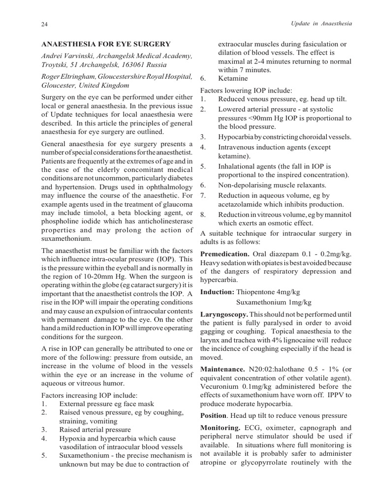 Uia 8 Anaesthesia For Eye Surgery | PDF | Blood Pressure | Anesthesia