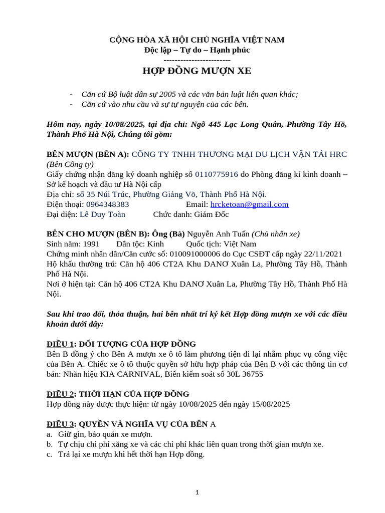Hop Dong Thu Xe | PDF