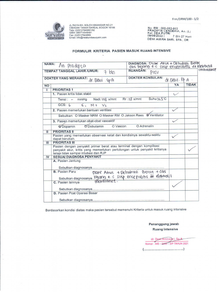 Form Kriteria Pasien Keluar Ruangan Insentif | PDF
