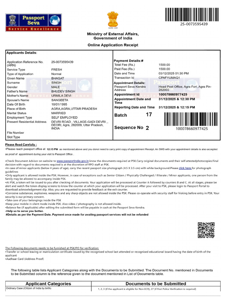 Bhagat Singh Passport Appoinment Receipt | PDF