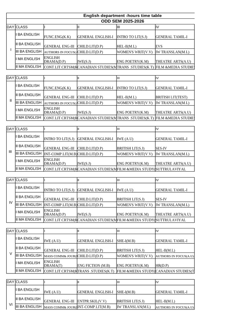 English Department Timetable 2025-26 | PDF