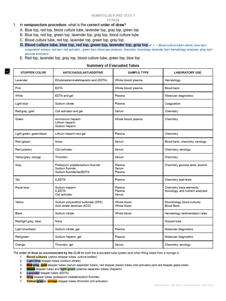 Hematology Pre-Test: Order of Draw and Concepts | PDF | Granulocyte ...