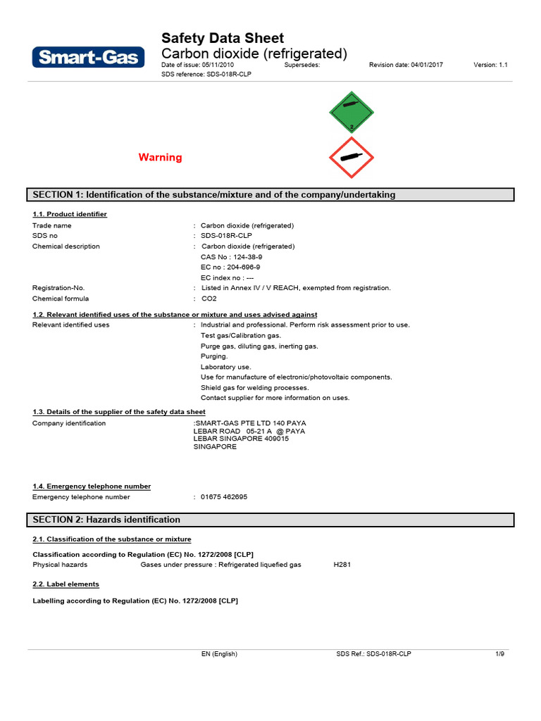Msds Carbon Dioxide Smart Gas | PDF | Occupational Safety And Health ...
