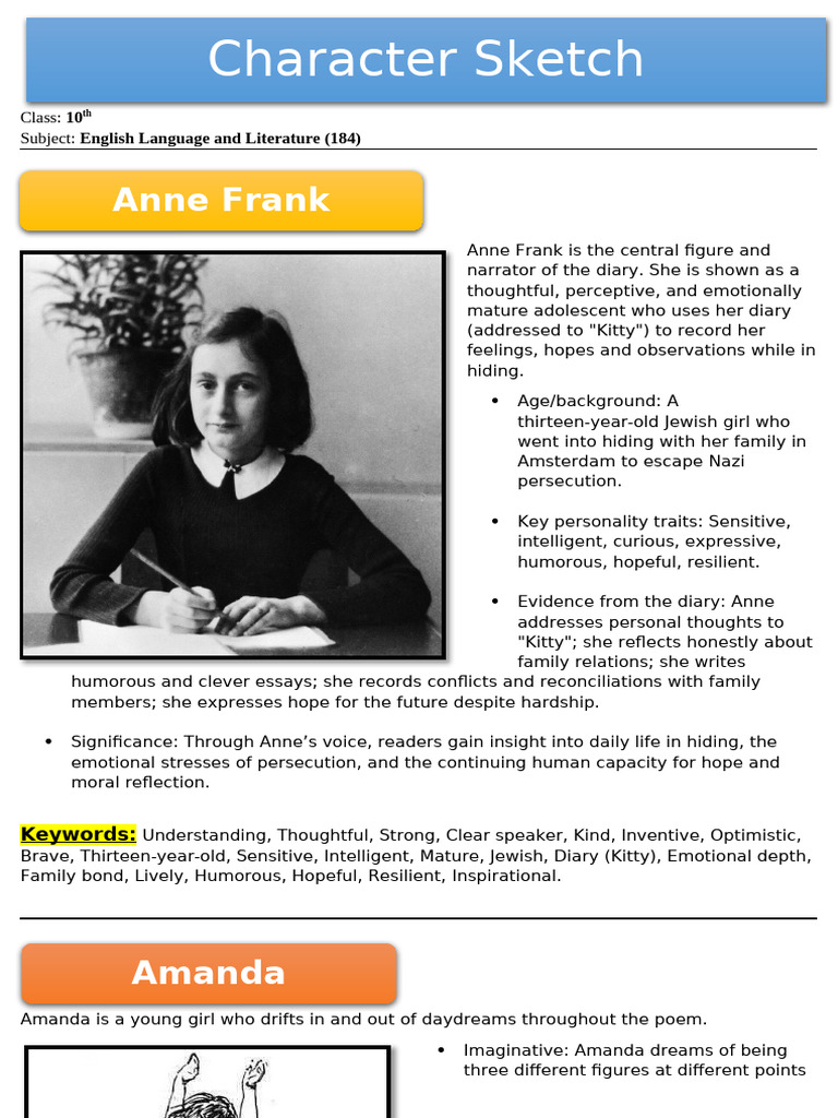 Character Analysis: Anne Frank and Amanda | PDF | Imagination | Anne Frank