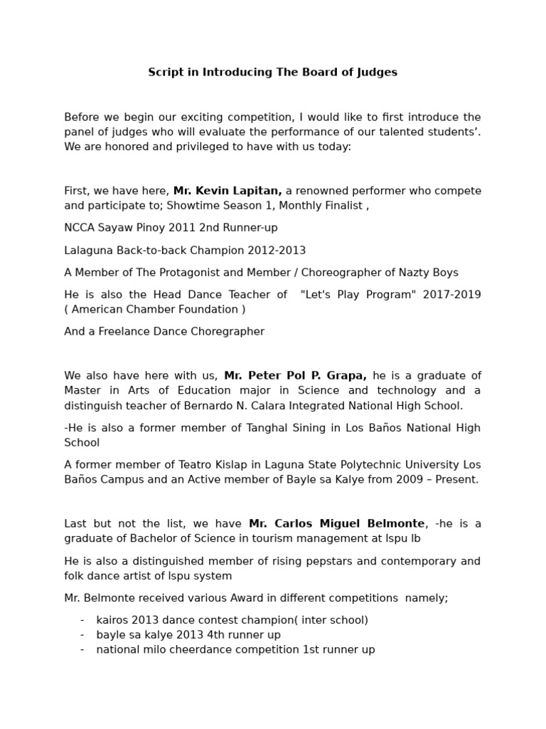 Script in Introducing The Board of Judges | PDF