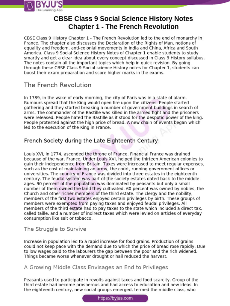 CBSE Class 9 History: French Revolution Notes | PDF | French Revolution ...
