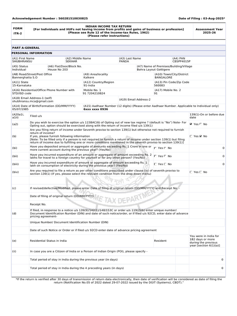 ITR-2 Income Tax Return for AY 2025-26 | PDF | Capital Gain | Tax Treaty