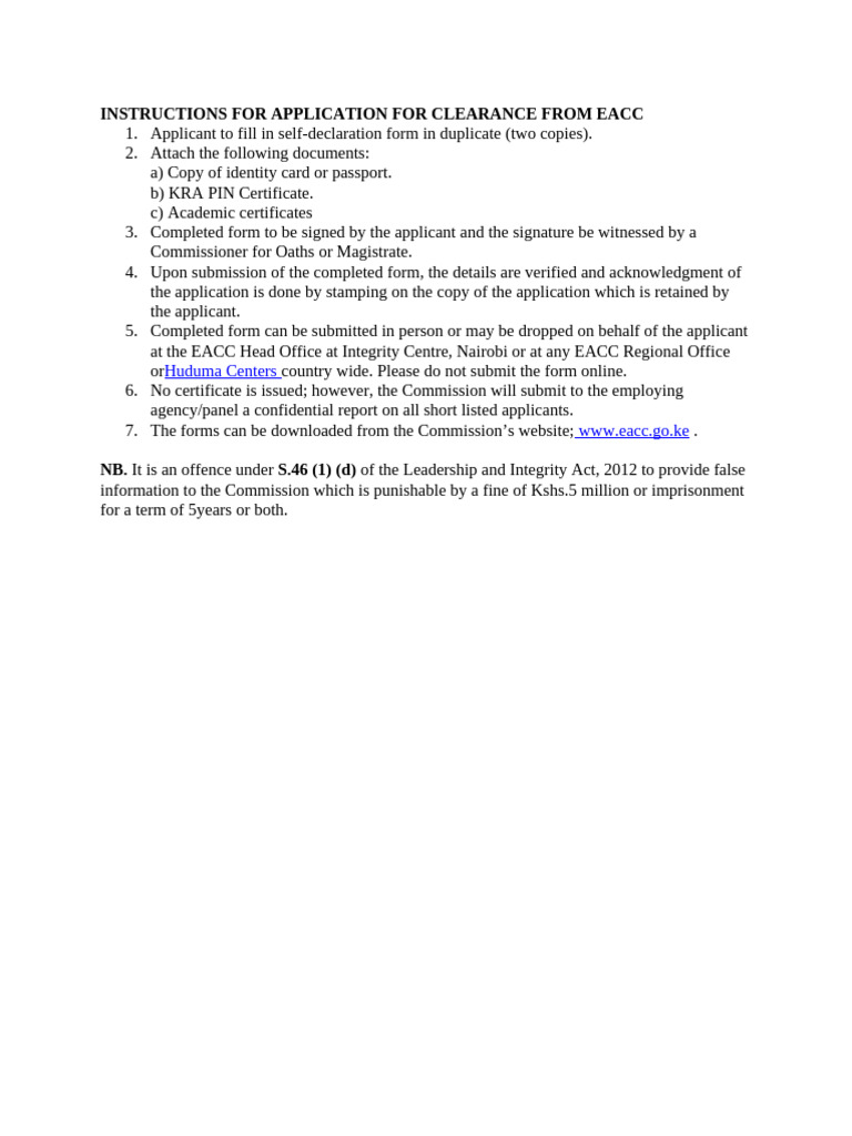 Instructions For Application For Clearance From Eacc | PDF