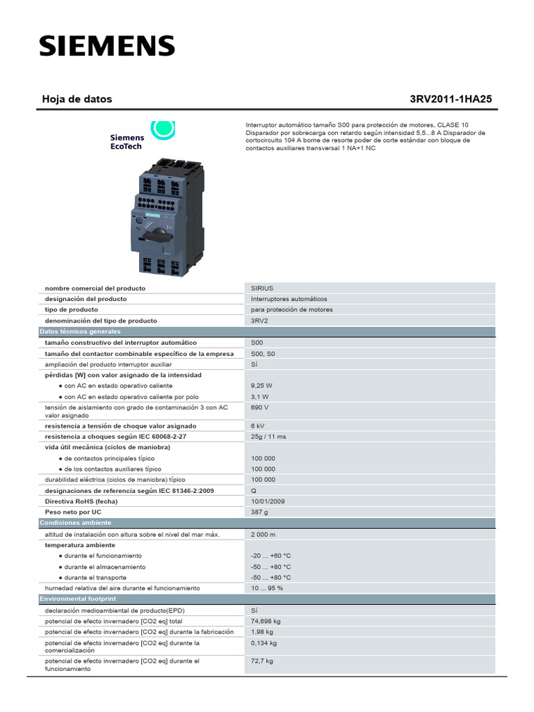 Interruptor Automático S00 3RV2011-1HA25 | PDF | Corriente eléctrica ...