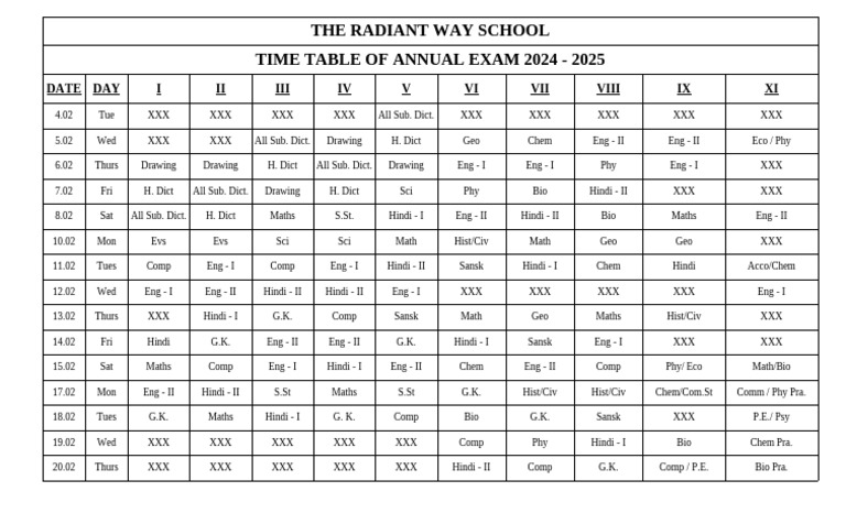 Time Table of Annual Exam 2024 - 25 | PDF