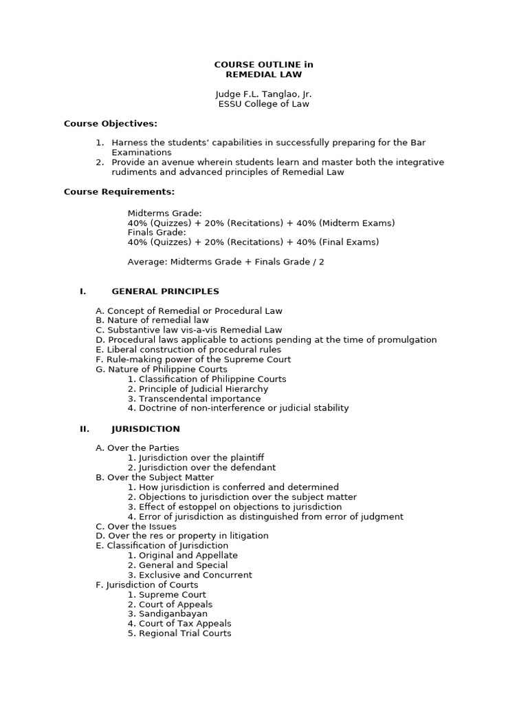 Remedial Law Course Outline Overview | PDF | Lawsuit | Plea