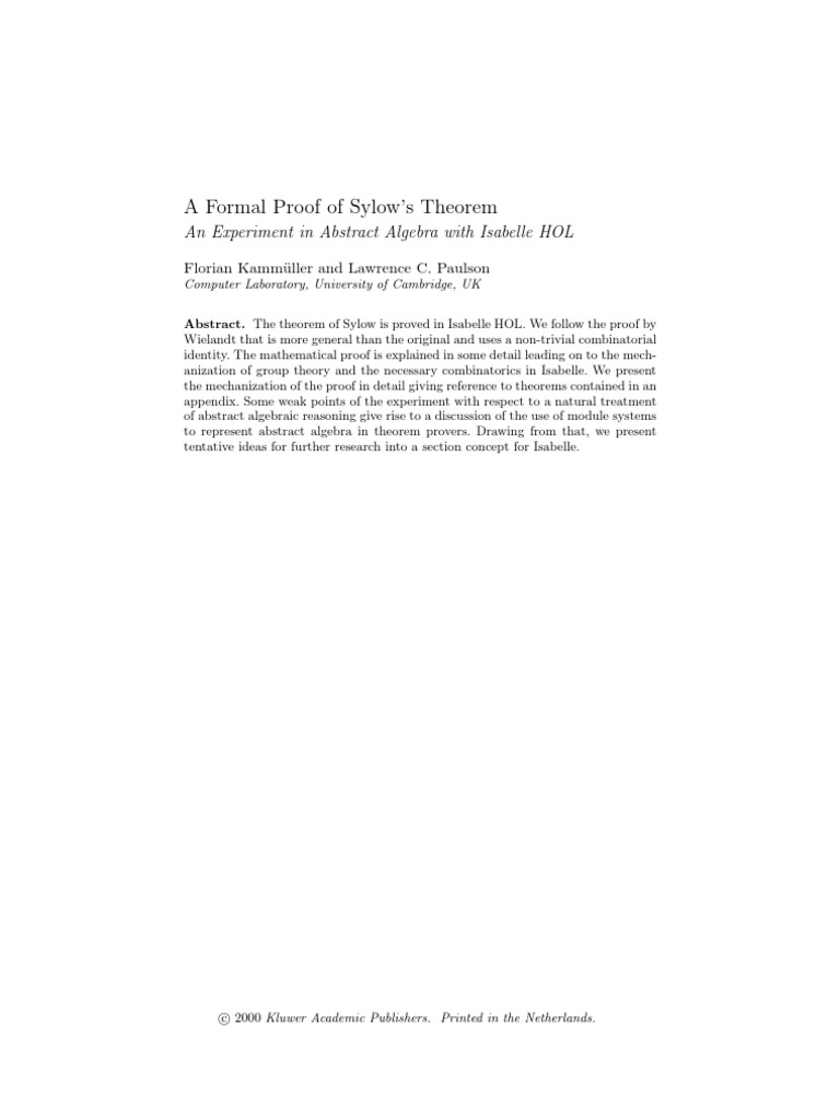 A Formal Proof of Sylow's Theorem: An Experiment in Abstract Algebra ...