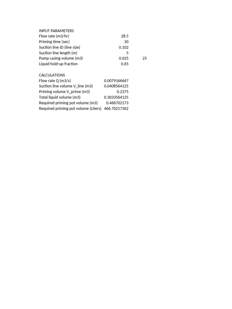 Pump Priming Volume Calculations | PDF