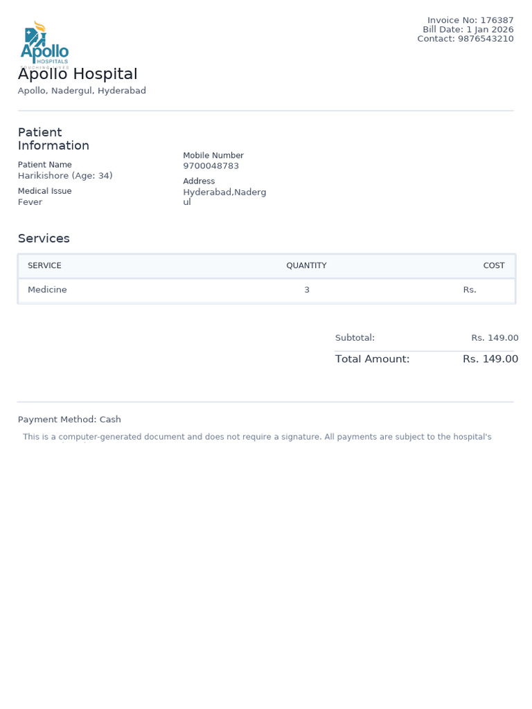 Apollo Hospital Cash Invoice 176387 | PDF