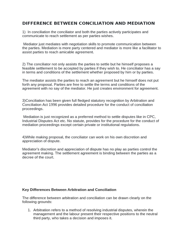 Conciliation vs Mediation Explained | PDF | Mediation | Arbitration