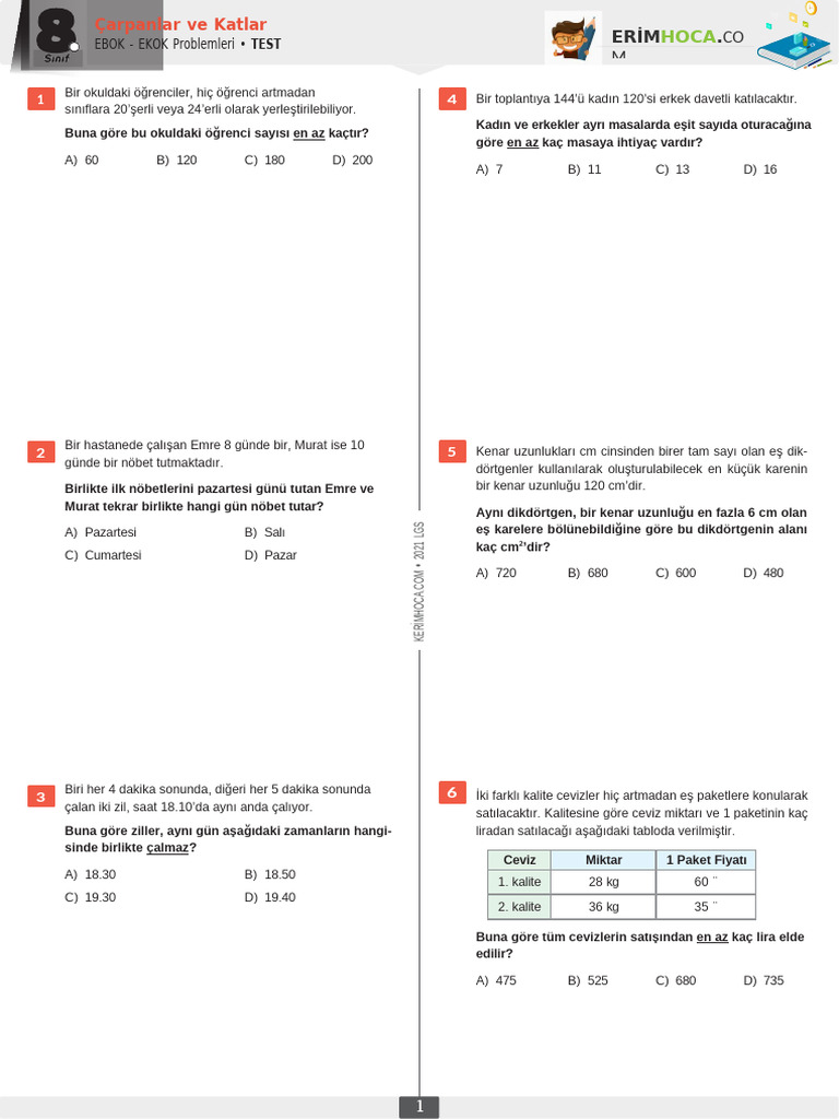 8.sınıf Ebob Ekok Problemleri Test 2 | PDF