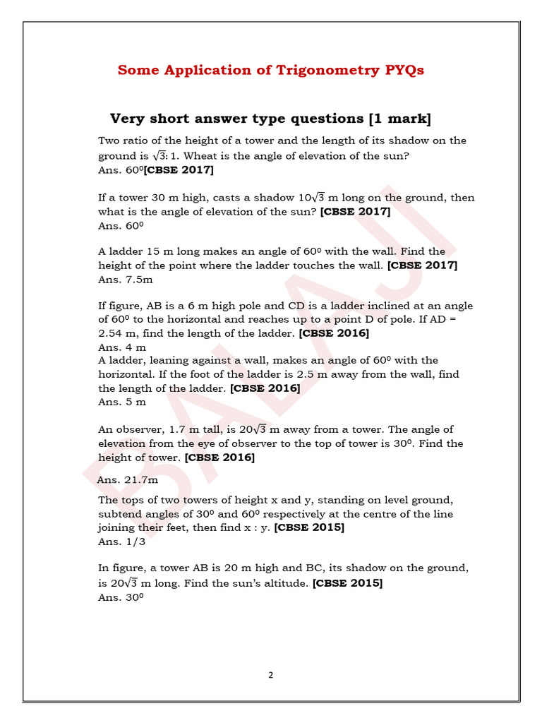 Trigonometry Applications: PYQs Guide | PDF | Height | Ladder