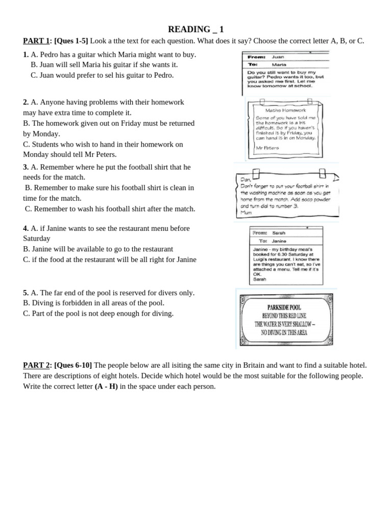Reading Comprehension Practice Test | PDF | Body Language | Hotel