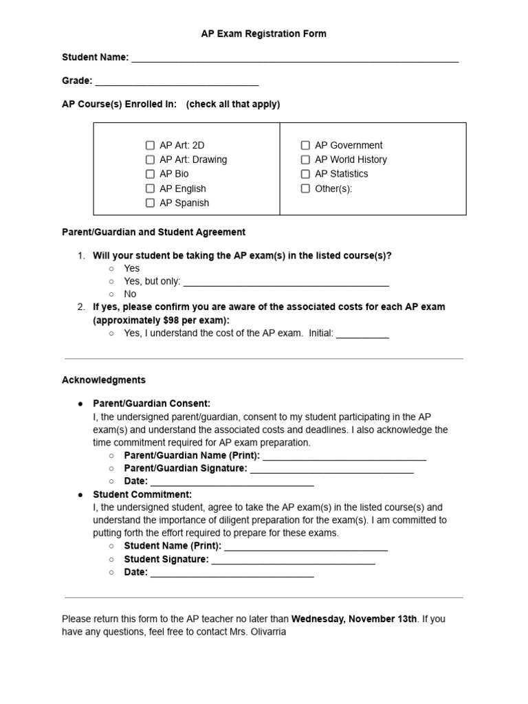 AP Exam Registration Form 2023 | PDF