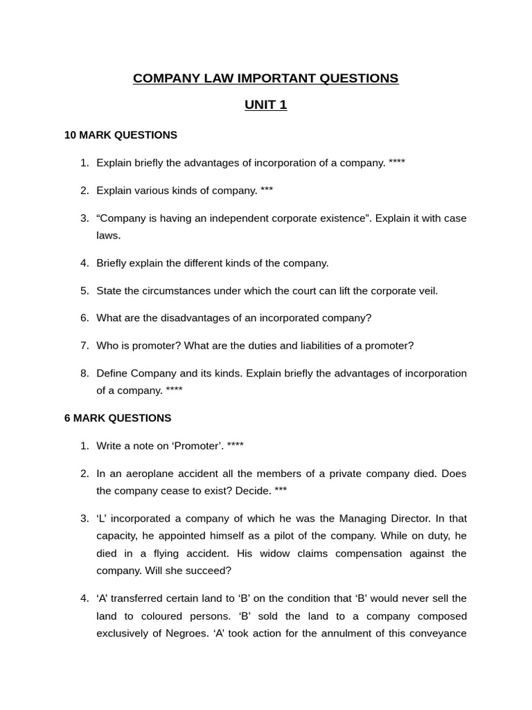 Key Company Law Questions and Answers | PDF | Liquidation | Corporations