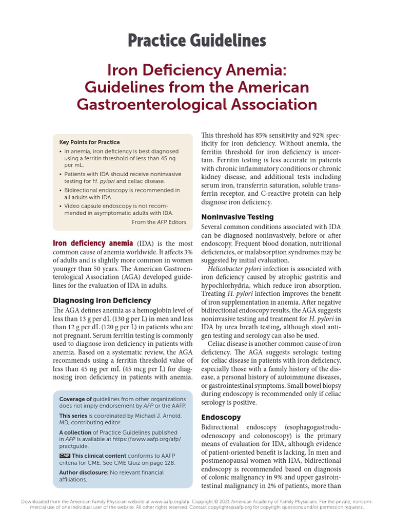 AAFP Iron Deficiency Anemia Guidelines From The American ...