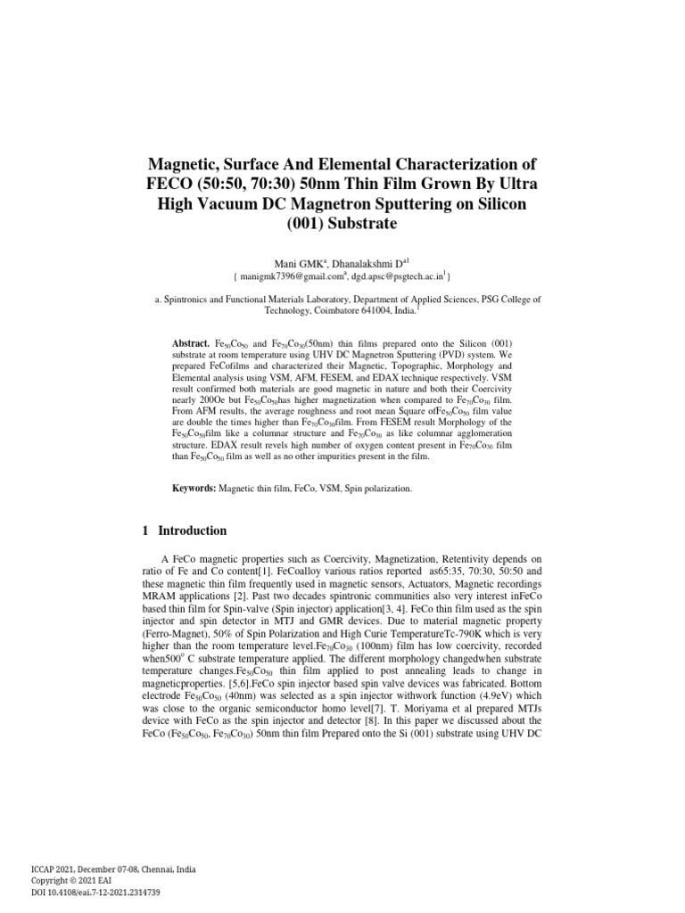 2021 - Magnetic, Surface and Elemental Chracterization of FeCo 50nm ...