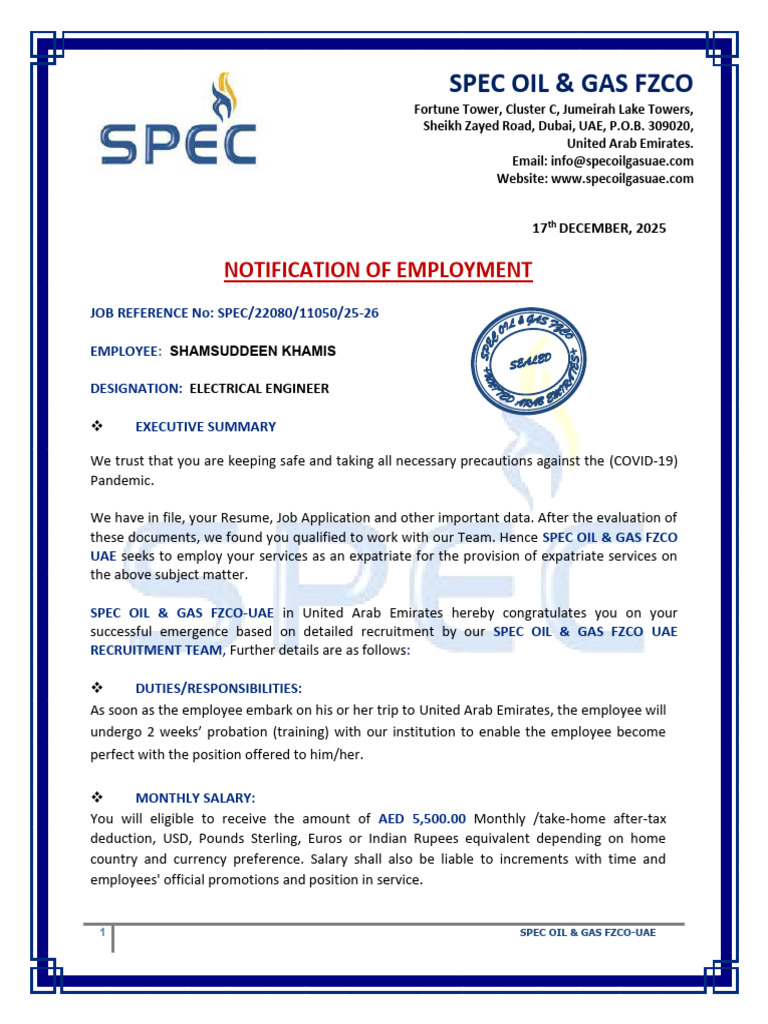 Employment Offer for Electrical Engineer | PDF | United Arab Emirates ...