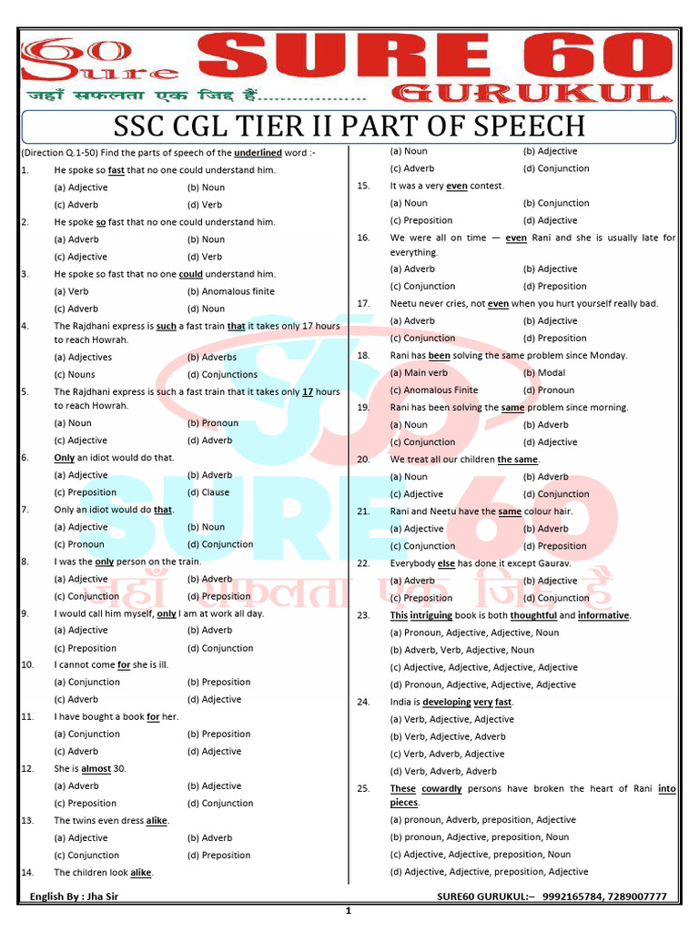 SSC CGL Tier II Parts of Speech Quiz | PDF | Adverb | Adjective