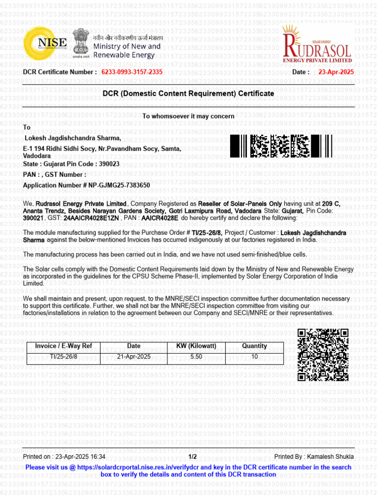 DCR Certificate for Solar Panels in India | PDF | Invoice | Renewable ...