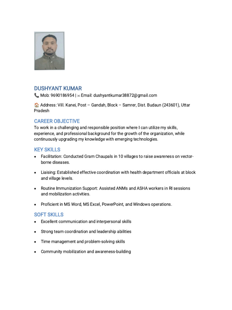 Dushyant Kumar: Health Facilitator Resume | PDF | Public Health ...