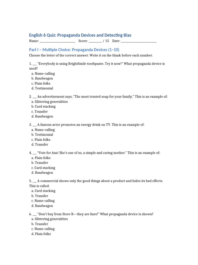 Quiz on Propaganda and Bias Detection | PDF | Chess | Chess Theory