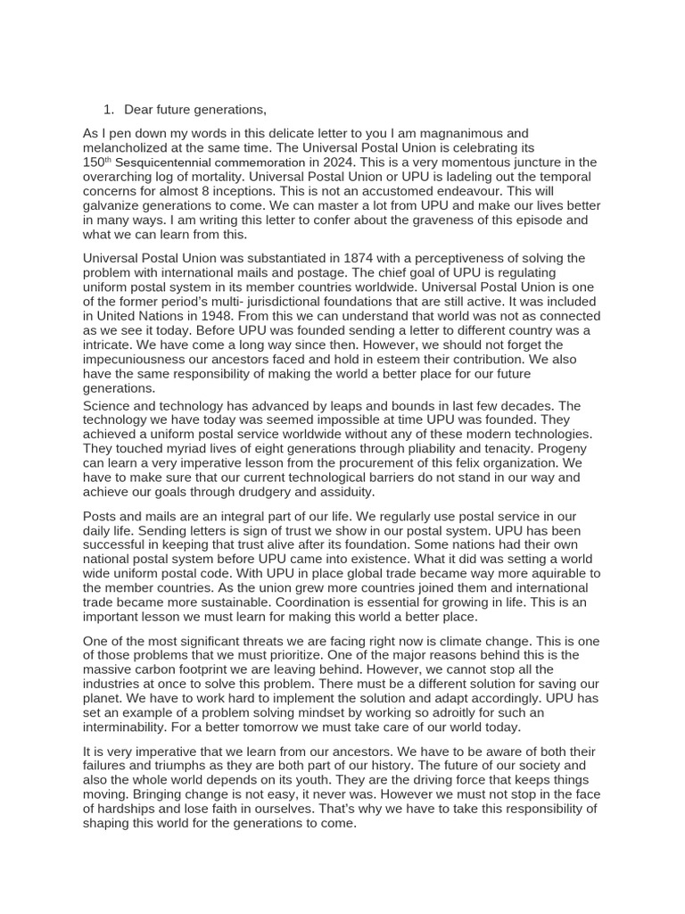 Dear Future Generations Letter Writing Competetion | PDF | Mail