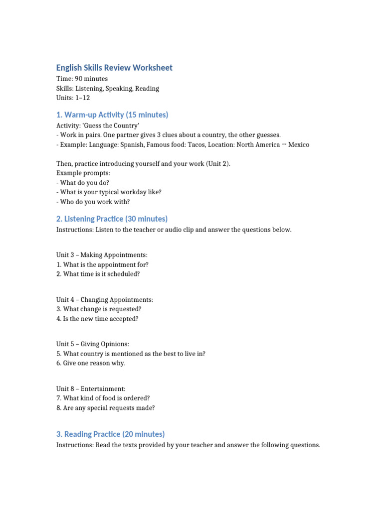 English Skills Worksheet | PDF