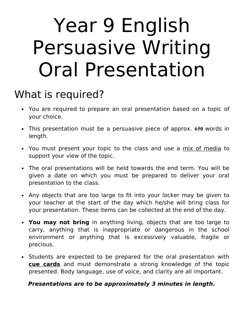 Year 9 English Persuasive Writing Oral Presentation: What Is Required ...