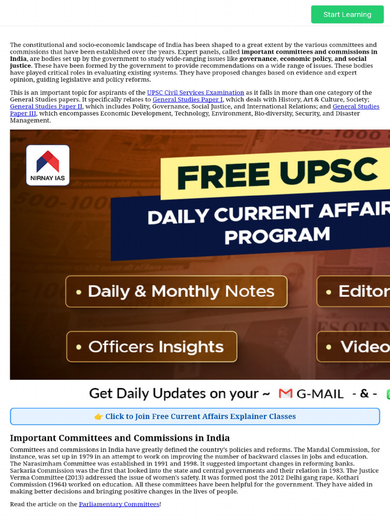 List of Important Committees and Commissions in India - UPSC Notes | PDF