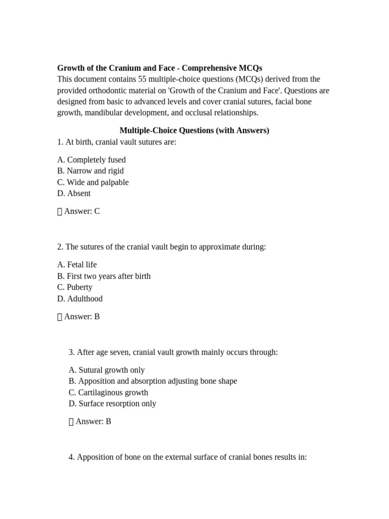 Growth of The Cranium and Face 55 MCQs | PDF | Skull | Tooth