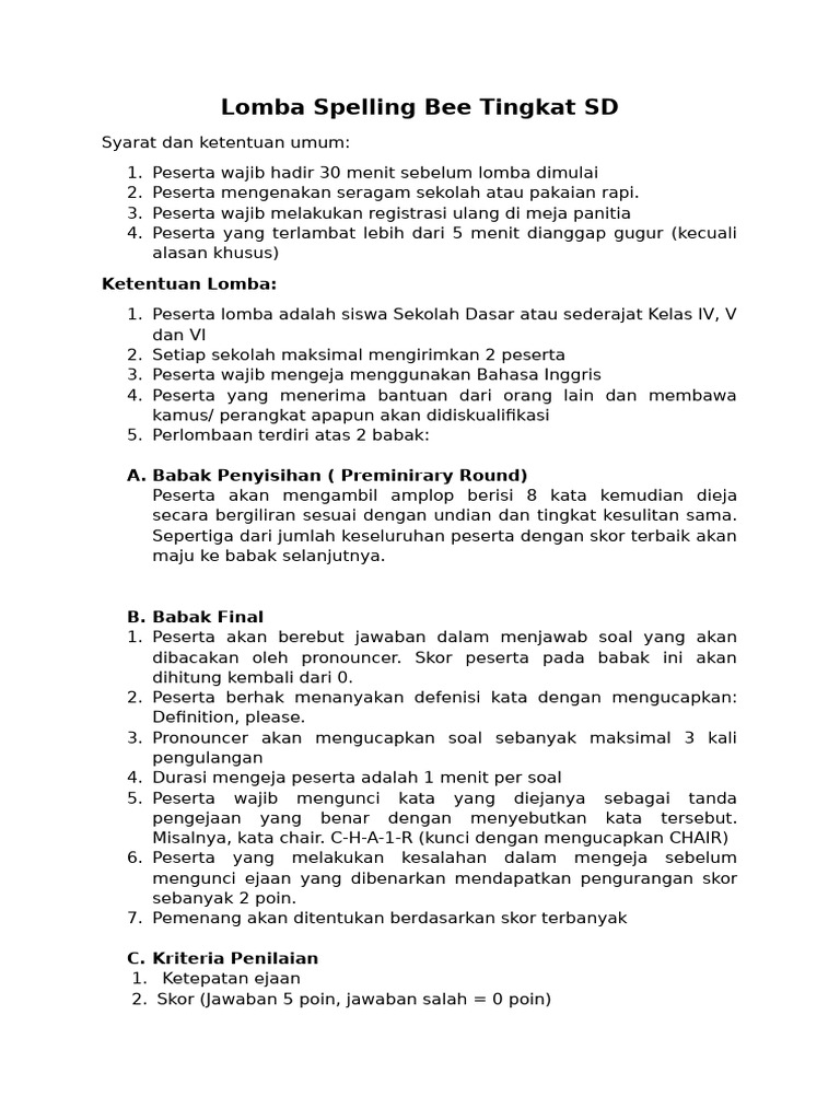 Lomba Spelling Bee Tingkat SD | PDF