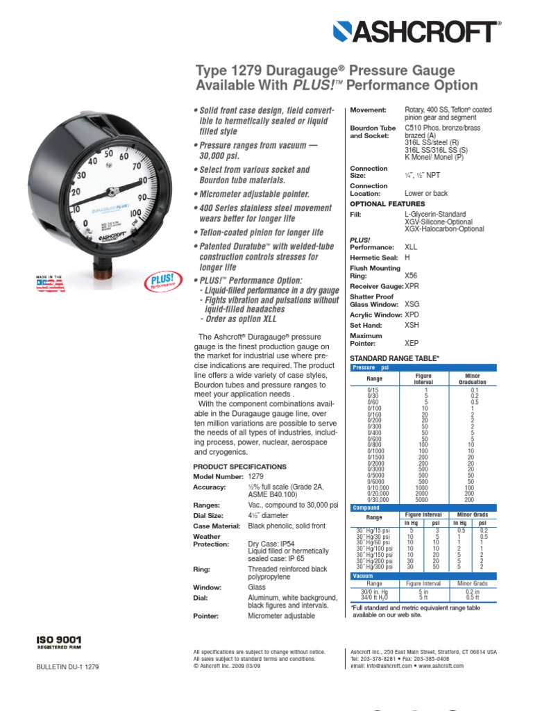 Ashcroft 1279 Duragauge Pressure Gauge | PDF | Pressure Measurement ...