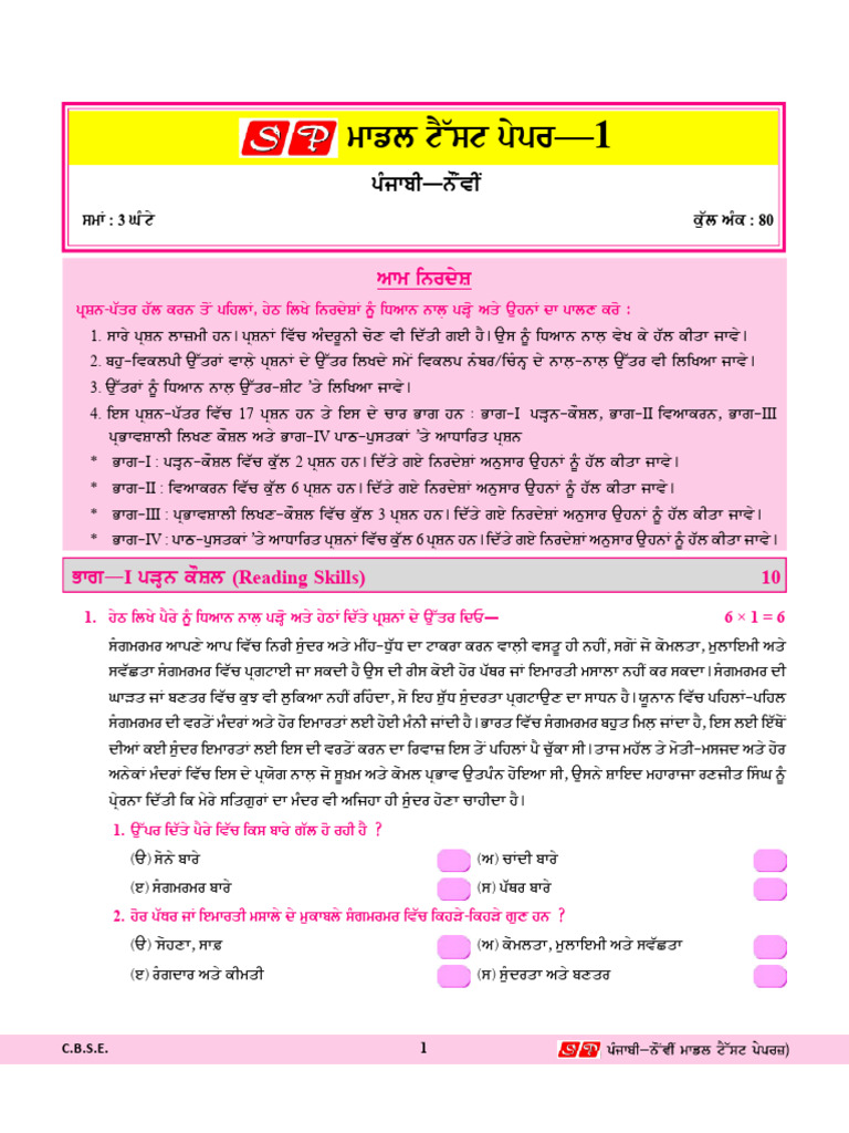 SP Sample Paper Punjabi 9th | PDF