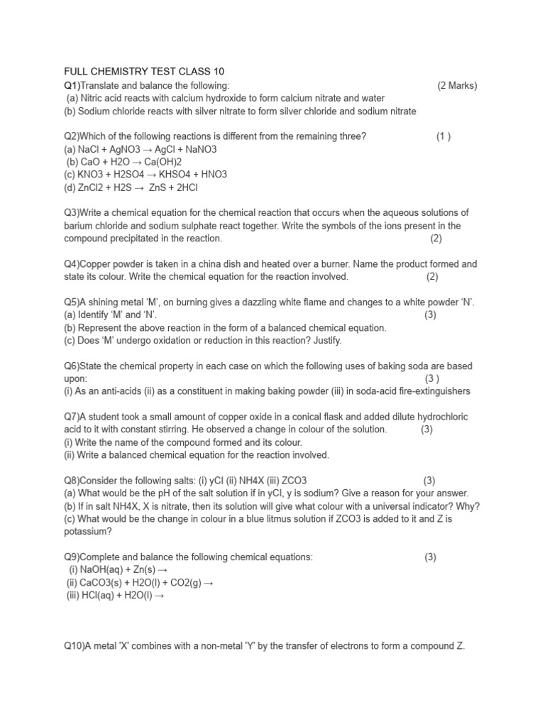 Class 10 Chemistry Test Questions | PDF | Hydrogen | Chemical Reactions