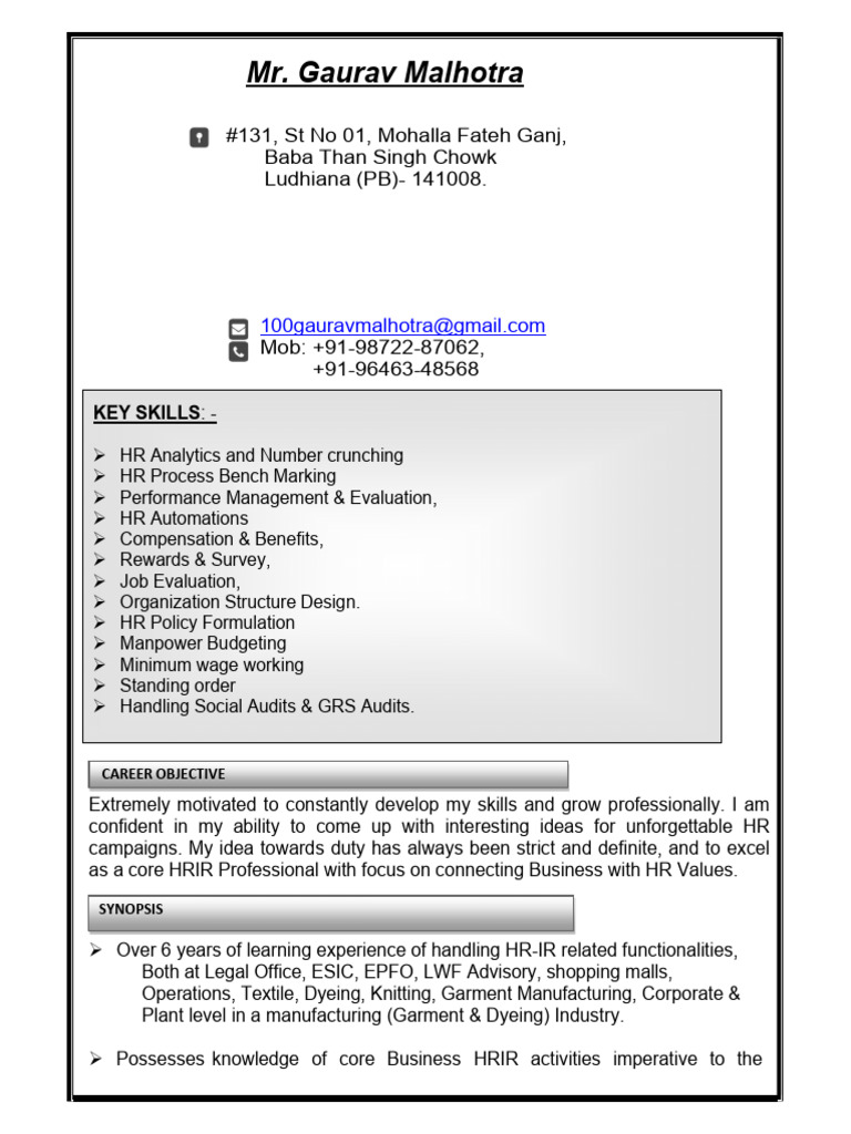 Gaurav Malhotra Updated Cv | PDF | Employment | Human Resources