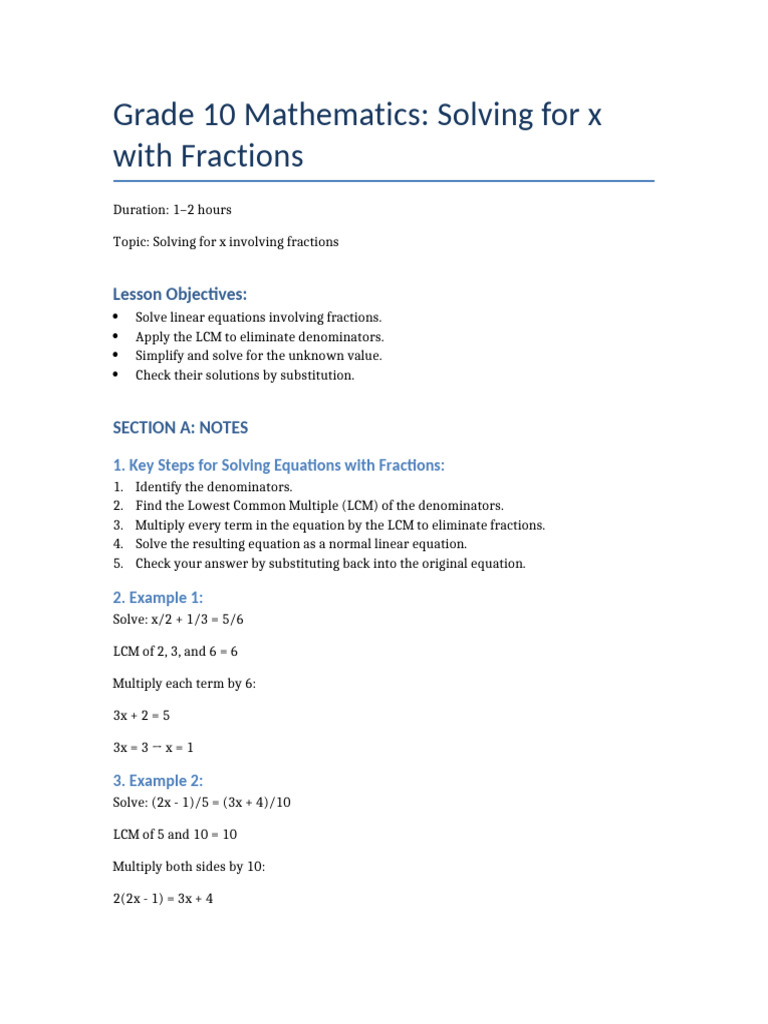 Solve for x: Fractions in Equations | PDF
