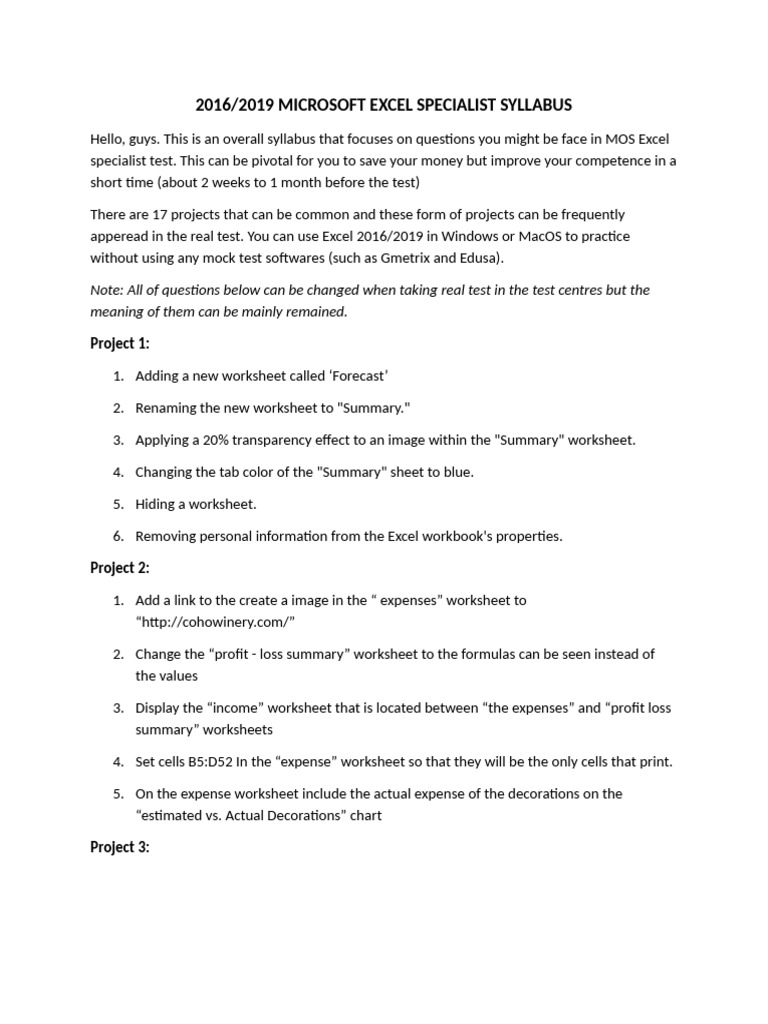 Microsoft Excel Specialist Syllabus 2016/2019 | PDF | Microsoft Excel ...